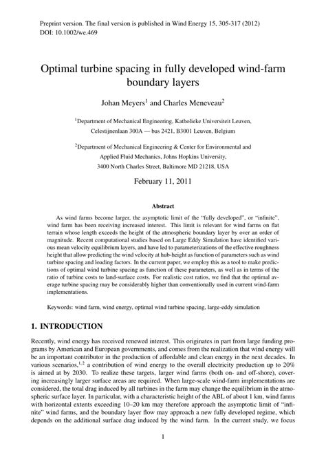 Pdf Optimal Turbine Spacing In Fully Developed Wind Farm Boundary Layers
