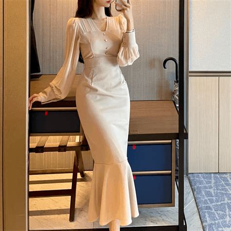 하객룩라인보장 브이넥 쉬폰 셔링 콩단추 리본 머메이드 롱 원피스 에이블리