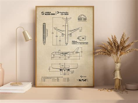 Airbus A220 300 Bombardier Cs300 Blueprint Poster Vertical Aviation
