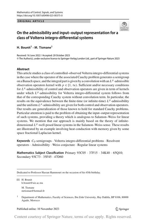 on the admissibility and input output representation for a class of