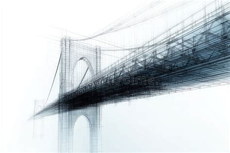 Technical Sketch Of A Suspension Bridge Design Emphasizing Structural