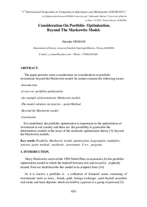 Pdf Consideration On Portfolio Optimization Beyond The Markowitz Model