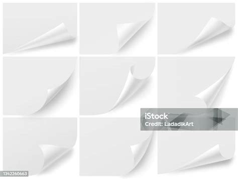 말린 모서리 빈 시트 격리 된 종이 모형 컬 노트 페이지 곡선 효과 정확한 벡터 전단지 템플릿과 가장자리 현실적인 노트 스티커를 켜십시오 돌기에 대한 스톡 벡터 아트 및