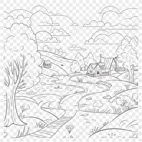 필드 개요 스케치 드로잉에 나무와 만화 시골 색칠 페이지 벡터선 그리기개요 예술 Png 일러스트 무료 다운로드 Lovepik