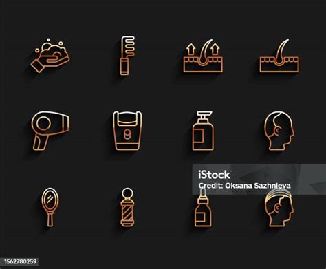 세트 라인 핸드 미러 클래식 이발소 폴 면도 거품 오일 병 남성용 헤어 스타일 전기 면도날 대머리 및 샴푸 아이콘 병 벡터 거울에 대한 스톡 벡터 아트 및 기타 이미지