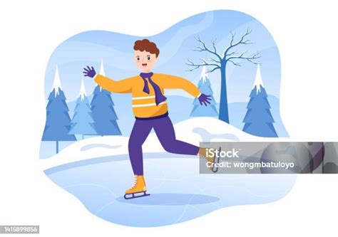 아이스 스케이팅 손으로 그린 만화 계절 겉옷이있는 아이스 링크에서의 겨울 재미 야외 스포츠 활동의 평면 그림 Championship에 대한 스톡 벡터 아트 및 기타 이미지