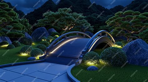 Illuminated Japanese Garden Bridge At Night Premium Ai Generated Image
