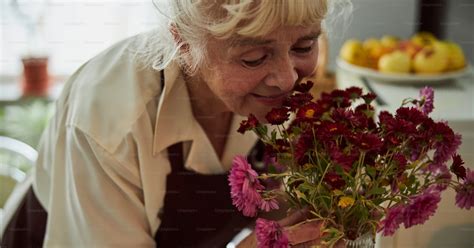 앞치마를 두른 쾌활한 할머니가 꽃다발의 향기를 즐기고 웃고 있다 사진 Unsplash의 성인 이미지