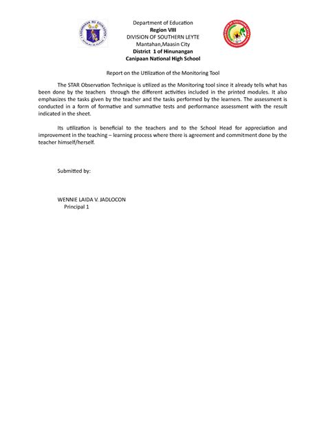 Report Utilization Of Monitoring Tool Department Of Education Region