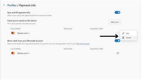 how to add edit delete secure credit card in microsoft edge