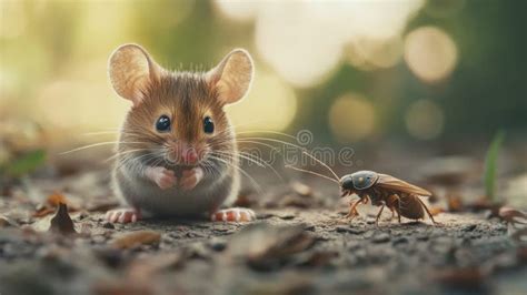 Curious Mouse And Beetle Face Off In A Woodland Setting Stock Image