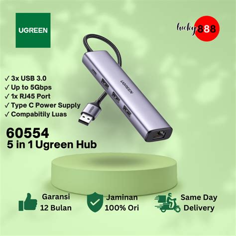 Jual Ugreen 60554 Usb Hub 5 Port Usb A 3 0 Type C Power Supply Rj45 Lan Gigabit Ethernet 5 In 1