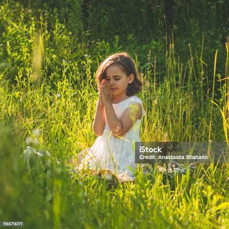 어린 소녀는 아름다운 일몰 동안 들판에서기도 그녀의 눈을 감고 손은 믿음 영성 및 종교를 위한 기도 개념으로 접혀 있었다 평화 희망 개념에 대한 스톡 사진 및 기타 이미지