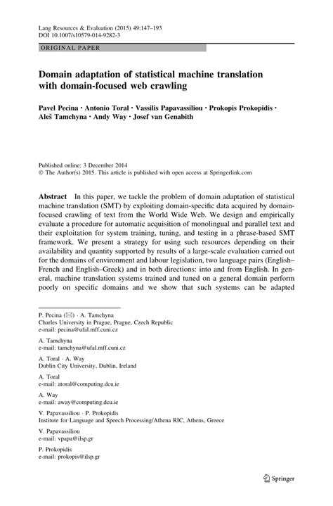 Pdf Domain Adaptation Of Statistical Machine Translation With Domain Focused Web Crawling