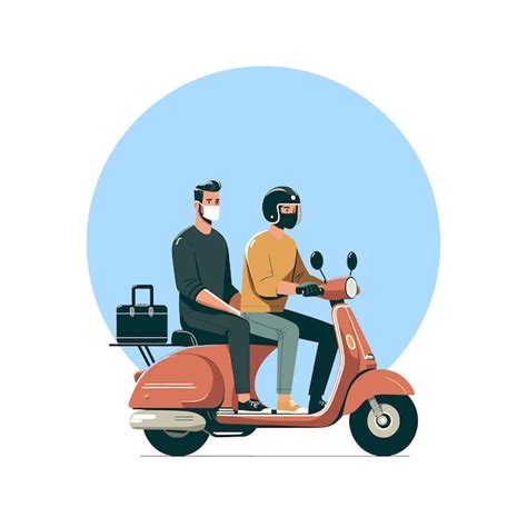 Two Men Riding A Motorcycle Scooter Flat Design Vector Illustration