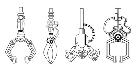 흰색 배경에 설정 된 로봇 발톱 게임 스트로크 아이콘 공장에서 로봇 발톱을 그립 만화 개념 벡터 발톱 게임 장치의 그림 갈고리