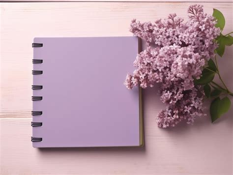 Premium Ai Image Lila Flowers And A Notebook On A Wooden Table Generative Ai
