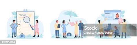 생명 및 건강 보험 세트 작은 의사 확인 보험 양식 및 의료 카드 청구 양식에 대한 스톡 벡터 아트 및 기타 이미지 청구 양식 건강관리와 의술 법 Istock