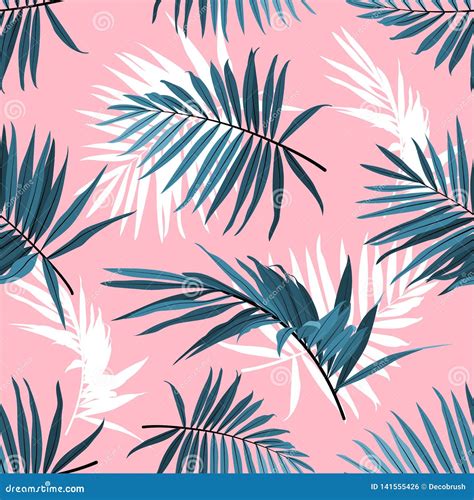 Tropical Leaves Seamless Pattern Green Palm Fronds On A Pink