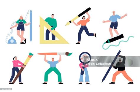 문구류 작은 남녀 거대한 펜 연필 돋보기를 가진 사람들 예술가와 사무실 캐릭터 창의적인 디자이너 사피드 벡터 사람 개념에 대한 스톡 벡터 아트 및 기타 이미지 Istock