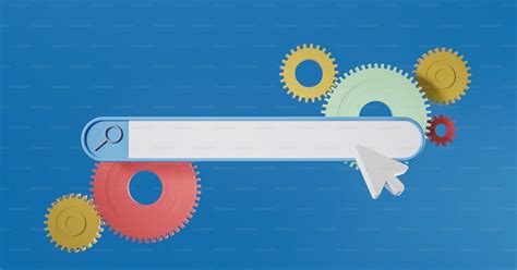 Searching Field With Cursor Colorful Gear On Blue Background Find Data And Information In