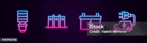 세트 라인 Led 전구 수력 발전 댐 자동차 배터리 및 전기 자동차 빛나는 네온 아이콘입니다 벡터 형광색의에 대한 스톡 벡터