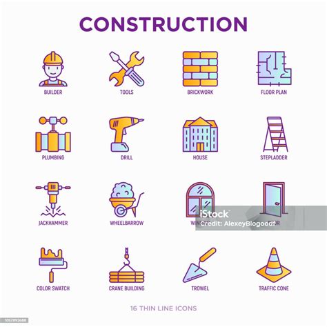 건설 선 아이콘 세트 빌더 헬멧 작업 도구 벽돌 바닥 계획 배관 드릴 흙 손 소통량 콘 건물 발판 사 닥 다리 착 암기 수레 크레인 벡터 일러스트 레이 션 건설 산업에 대한