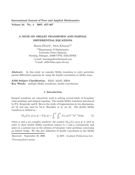 Pdf A Note On Mellin Transform And Partial Differential Equations