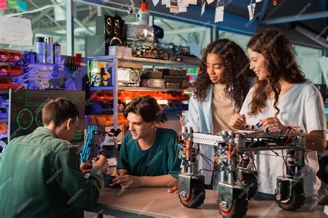 Premium Photo Group Of Young People Doing Experiments In Robotics In