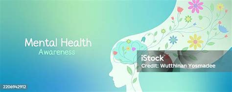 정신 건강 인식 벡터 배너 인간의 머리 뇌와 꽃 흐르는 그림 마음 챙김에 대한 스톡 벡터 아트 및 기타 이미지 마음 챙김 배경 주제 정신과 전문의 Istock