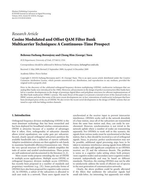 Pdf Cosine Modulated And Offset Qam Filter Bank Multicarrier Techniques A Continuous Time