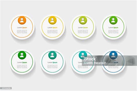 8 단계 인포 그래픽 원 모양 및 여러 가지 빛깔의 라벨 워크 플로우 레이아웃 다이어그램 연례 보고서 웹 디자인을 디자인하는 비즈니스 개념 벡터 8에 대한 스톡 벡터 아트