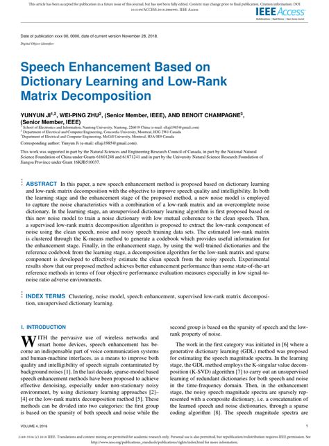 Pdf Speech Enhancement Based On Dictionary Learning And Low Rank Matrix Decomposition