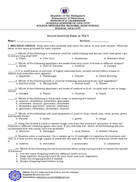 Tle 9 Chs Exam Pdf Hors Doeuvre Salad