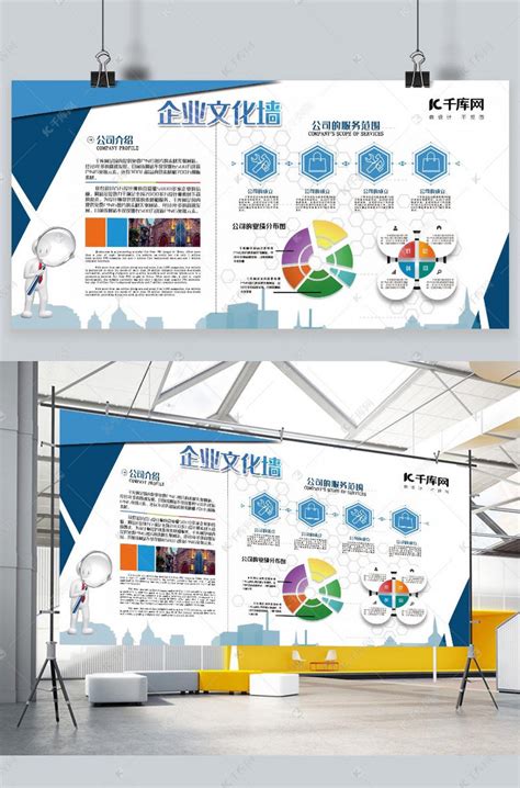 文化墙蓝色创意简约风企业文化介绍展板海报模板下载 千库网