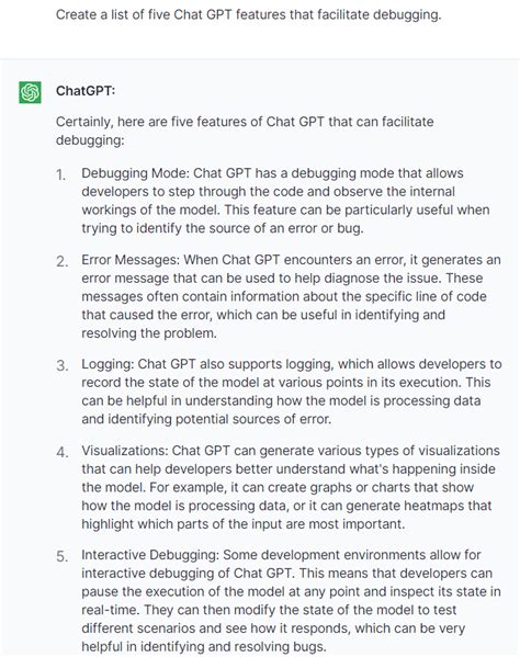 Create A List Of Five Chat Gpt Features That Facilitate Debugging Ropenai
