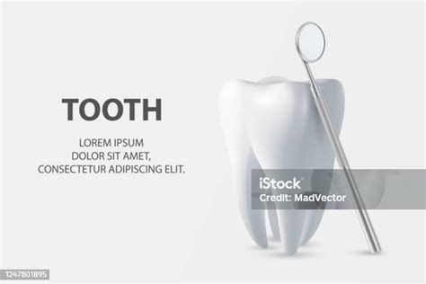 치과 검사 배너 플래커드 흰색 배경에 치아 아이콘 클로즈업이있는 치아에 대한 벡터 3d 사실적인 치과 의사 거울 의료 치과 의사 도구 디자인 템플릿 치과 건강 개념 3차원