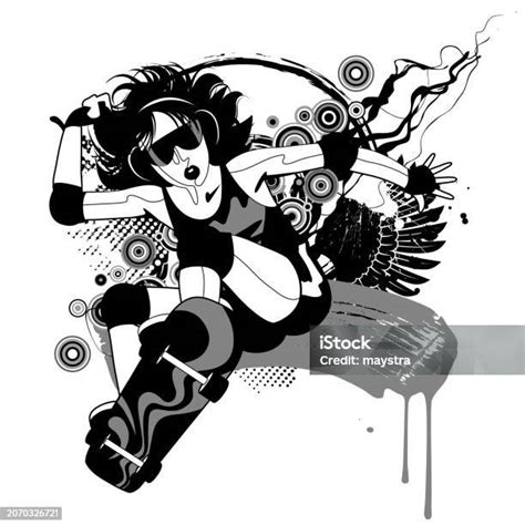 흑백 라인 드로잉 헤드폰을 가진 어린 소녀가 흰색 바탕에 고립 된 추상적 인 표현 배경에 스케이트 보드에서 점프 모던 양식에 대한 스톡 벡터 아트 및 기타 이미지 Istock