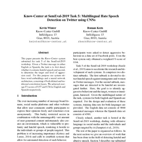 Know Center At Semeval 2019 Task 5 Multilingual Hate Speech Detection On Twitter Using Cnns