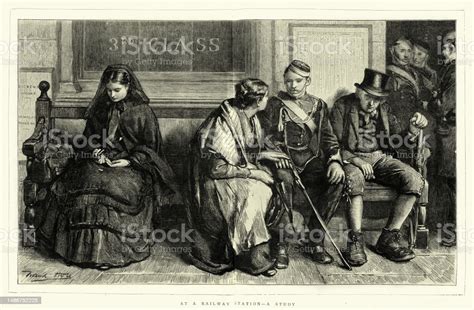 역 플랫폼에서 기차를 기다리는 승객 3등석 빅토리아 시대 철도의 역사 1870년대 19세기 1870 1879 년에 대한 스톡 벡터 아트 및 기타 이미지 Istock