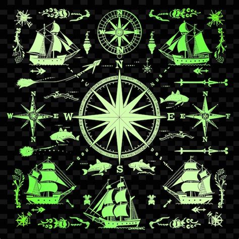 Premium Psd Nautical Compass Folk Art With Direction Pattern And Ship