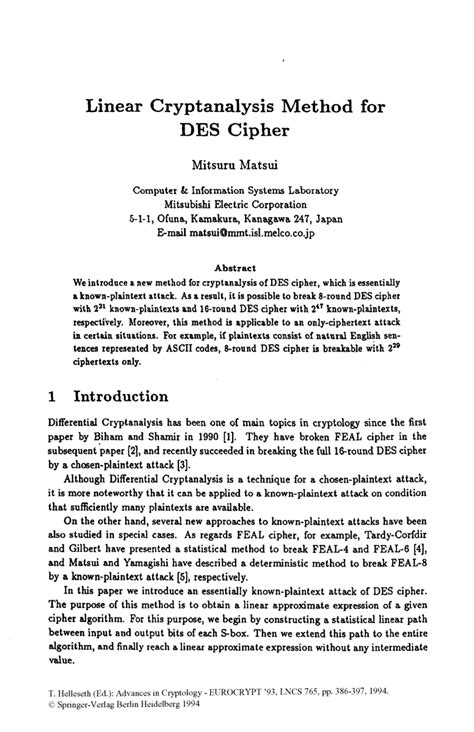 Linear Cryptanalysis Method For Des Cipher Docslib