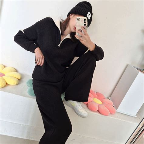 [고퀄 ️ 세트가격] 배색 반집업 밴딩 와이드 하이웨스트 골지니트 투피스 트레이닝세트 3color 에이블리