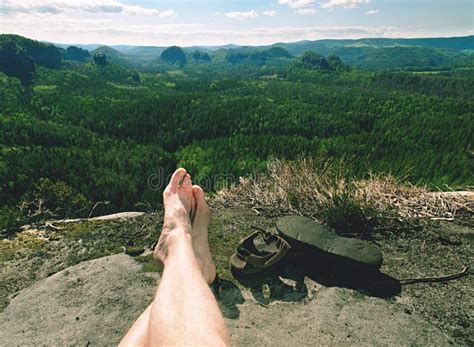 Naked Hairy Male Legs With Leather Sandals Rest While Trail Stock Image