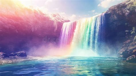 Rainbow Waterfall Cascading Into A Tranquil Pool Stock Image Image Of