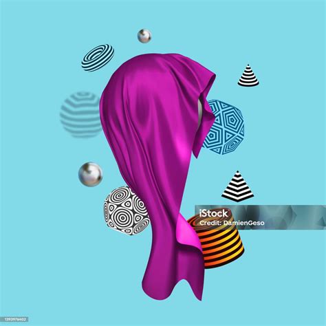 벗겨진 패턴의 3d 인물의 추상적 인 구성으로 장식 디자인을위한 배너 추상적 인 파란색 배경에 구체에 보라색 실크 추상적인 3d