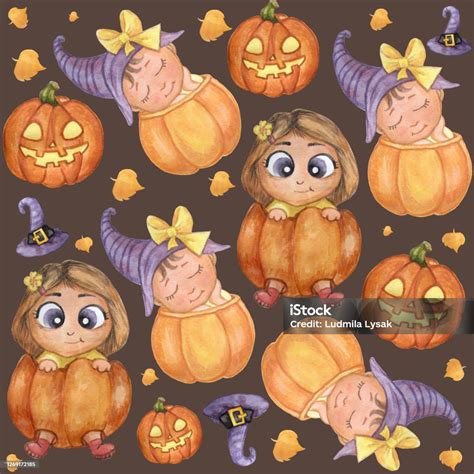 할로윈 원활한 패턴 귀여운 일러스트레이션 오렌지 호박을 입은 아이들 마녀 모자를 쓴 서둘러 아이 잭 호박과 손전등 수채화 고품질 사진 수채화에 대한 스톡 벡터 아트 및 기타