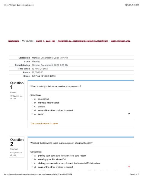 Week Thirteen Quiz Cs111 Question 1 Correct 1 Points Out Of 1 Question 2 Incorrect 0 Points