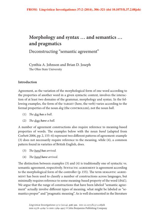 Pdf Morphology And Syntax And Semantics And Pragmatics Deconstructing “semantic Agreement”