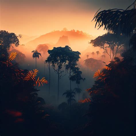Beautiful Misty Jungle Forest Landscape At Sunset Or Sunrise Generative Ai Premium Ai